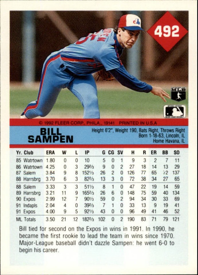 1992 Fleer Montreal Expos Baseball Card #492 Bill Sampen | eBay