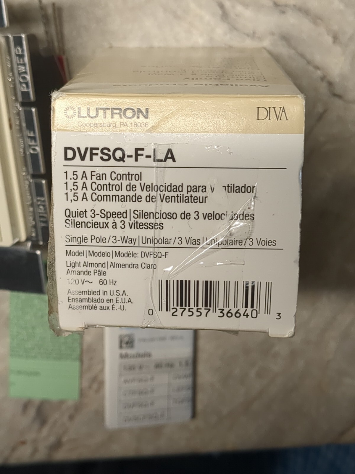 Lutron Diva Dvfsq-f-la 3 Way Fan Control Switch 1.5a 120v Light Almond ...