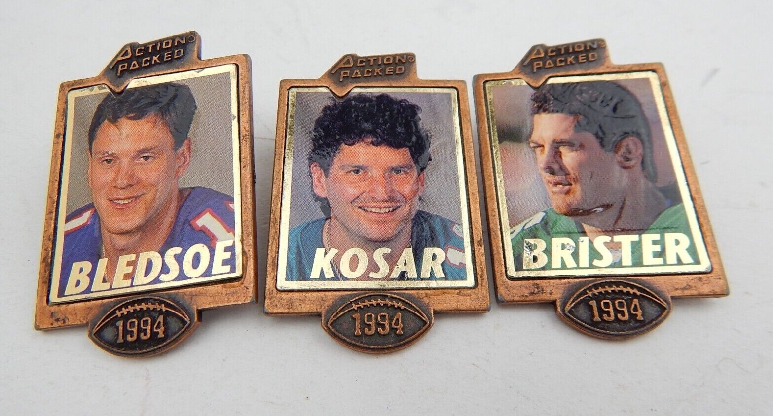 Lot of 3 Vtg Pins 1994 ACTION PACKED NFL Bernie Kosar Drew Bledsoe ...