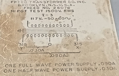 Freed Tube Full Wave Power Transformer 117V / 315V - 0 - 315V / .090A ...