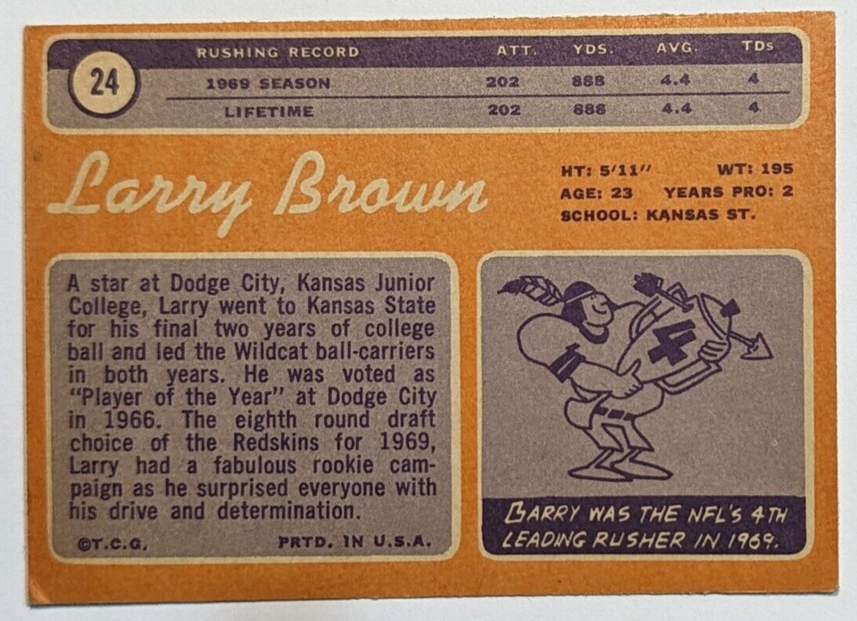 1970 Topps #24 Larry Brown Rookie Washington Redskins Football Card | eBay