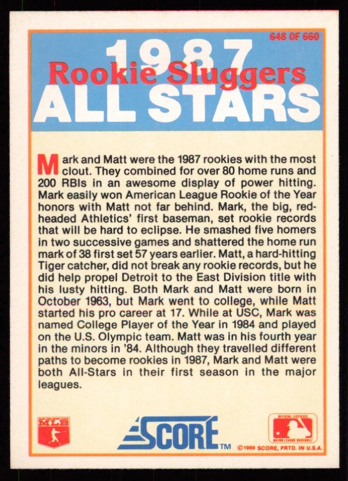 1988 Score Mark McGwire/Matt Nokes Oakland Athletics/Detroit Tigers ...