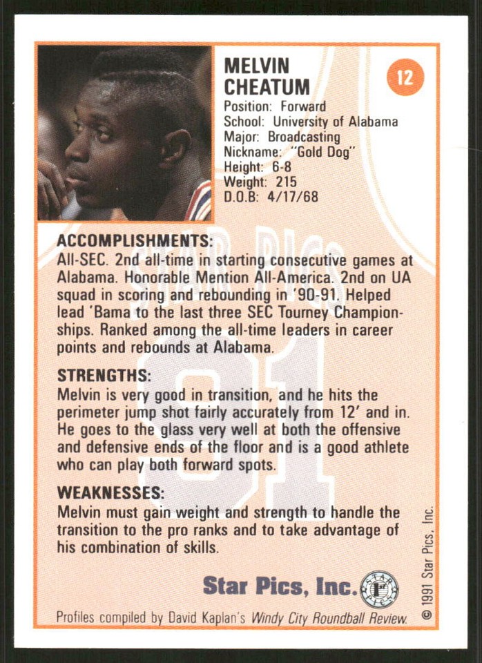 1991 Star Pics #12 Melvin Cheatum | eBay