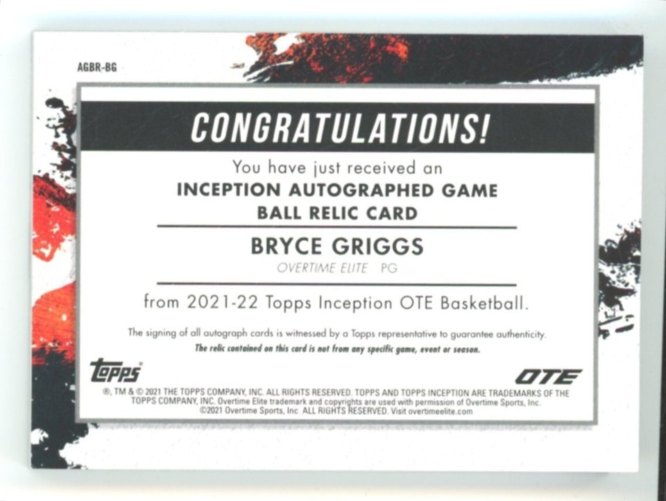 2021-22 BRYCE GRIGGS TOPPS INCEPTION OTE OVERTIME ELITE NET RELIC AUTO ...