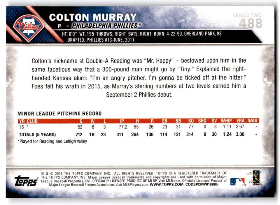 2016 Topps Series 2 Colton Murray Rookie Philadelphia Phillies #488 | eBay