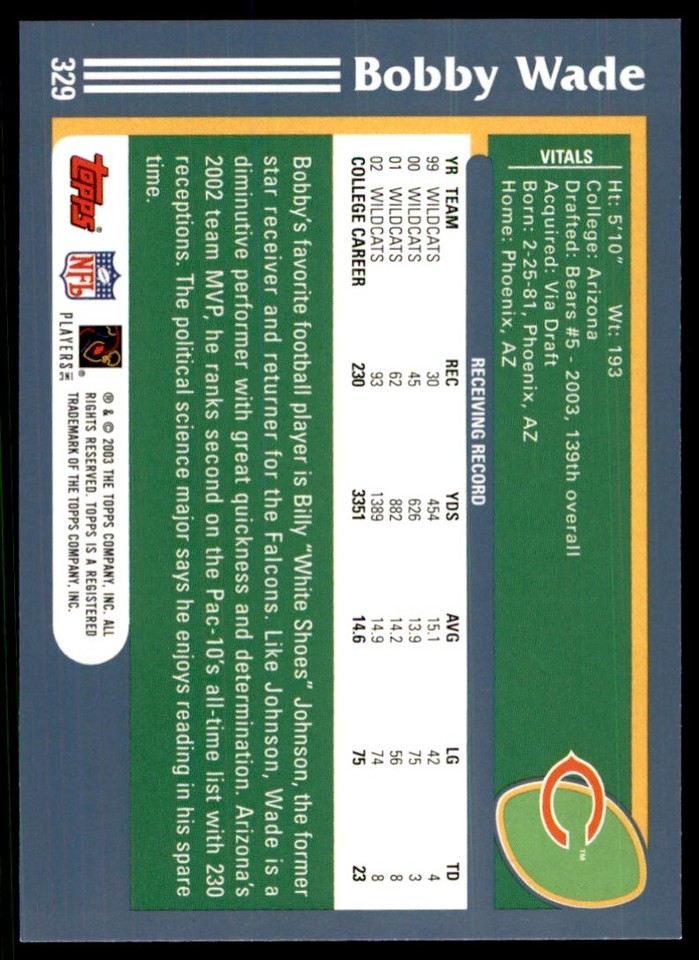 2003 TOPPS BOBBY WADE ROOKIE CHICAGO BEARS #329 | eBay