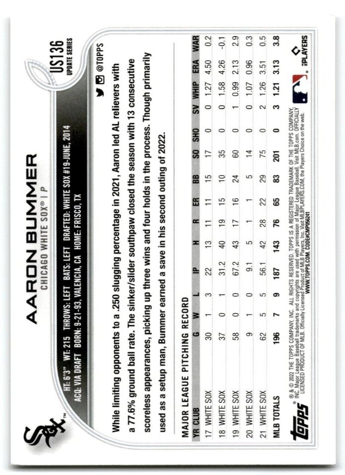 2022 Topps Update Aaron Bummer Chicago White Sox #US136 | eBay
