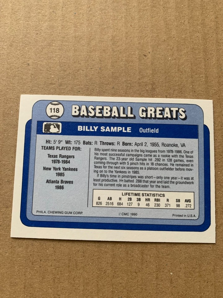 Billy Sample Signed 1990 Swell Baseball Greats #118 Texas Rangers MLB ...