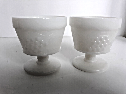 2 Vintage Anchor Hocking Milk Glass Pedestal Sherbet Dishes Grape Vine ...
