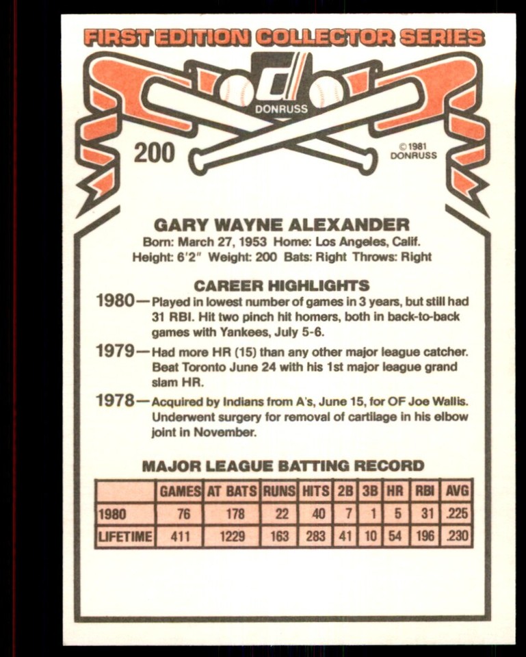 1981 Donruss Baseball Card Gary Alexander Cleveland Indians #200 | eBay