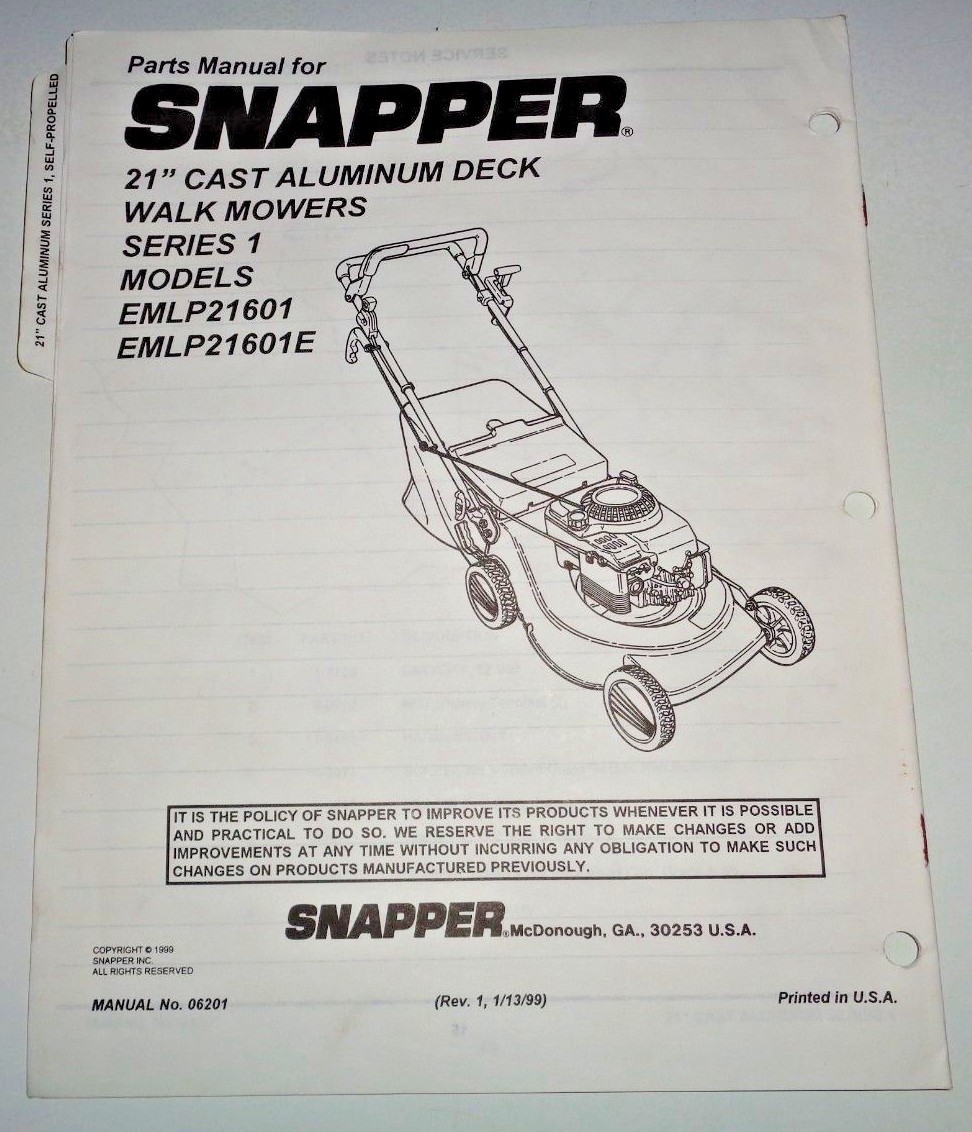Snapper 21" Series 1 Walk Behind Mower Parts Catalog Manual EMLP21602 ...