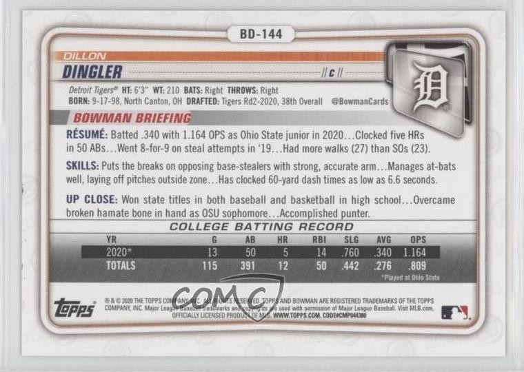 2020 Bowman Draft 1st Edition Yellow Foil /75 Dillon Dingler #BD-144 | eBay