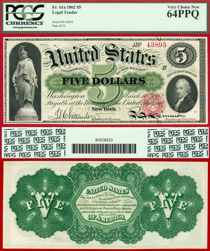 1862 $5 Legal Tender Note FR-61a PCGS CU 64PPQ Rare Old Currency Only ...
