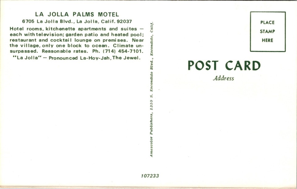 Postcard Swimming Pool at La Jolla Palms Motel in La Jolla, California ...