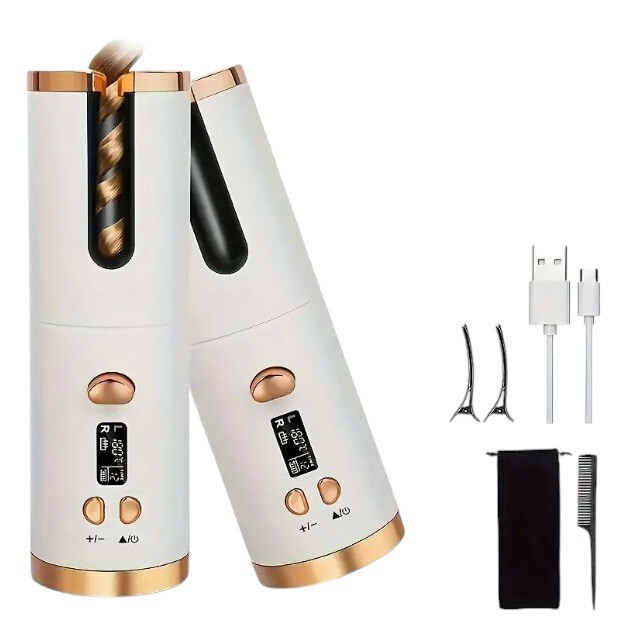 Wireless Rechargeable Curler Ceramic Auto Rotating USB LED Hair Curling ...