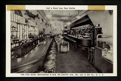Restaurant postcard New York City NY Fish Bowl Bar interior tap room ...