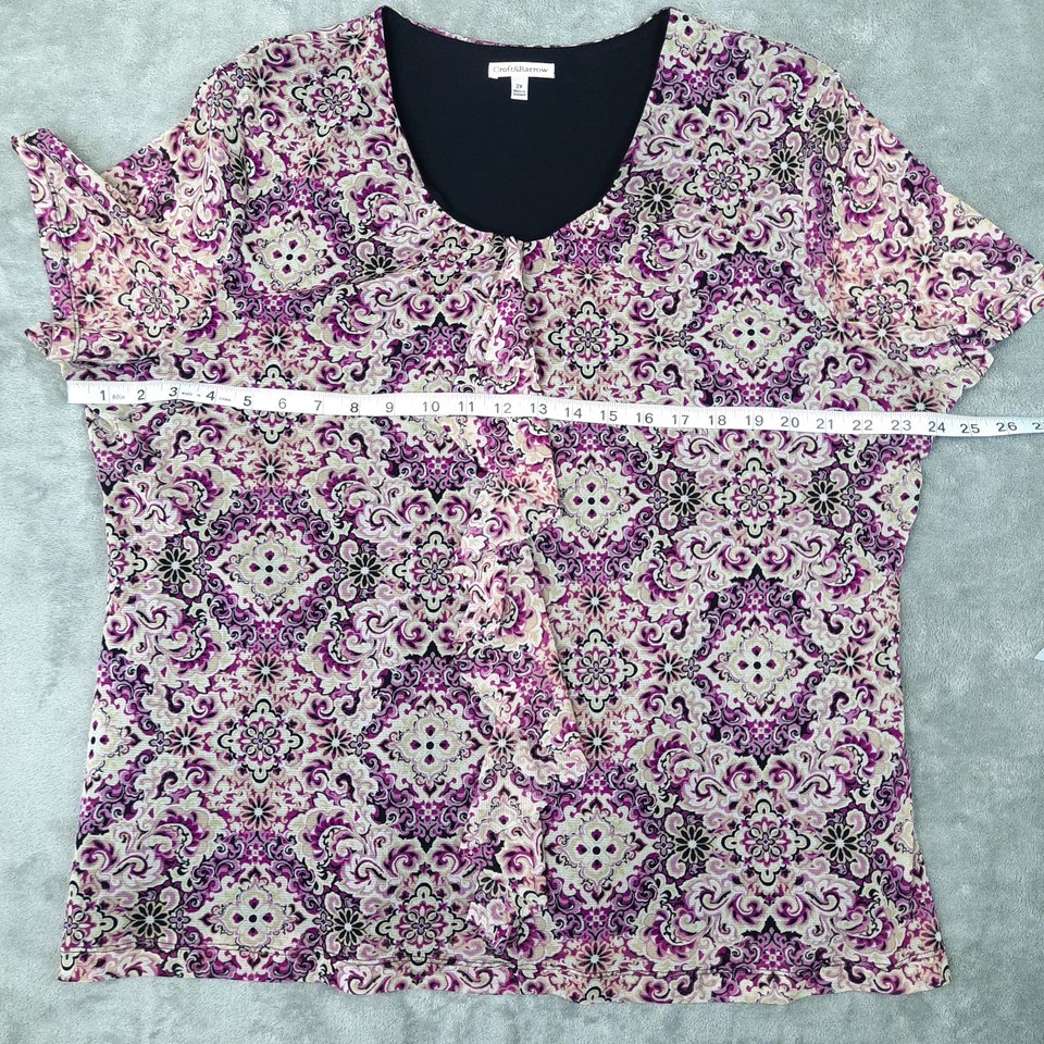 VTG Croft & Barrow Top Womens 2X Pink Black Floral Lined Mesh Ruffled ...