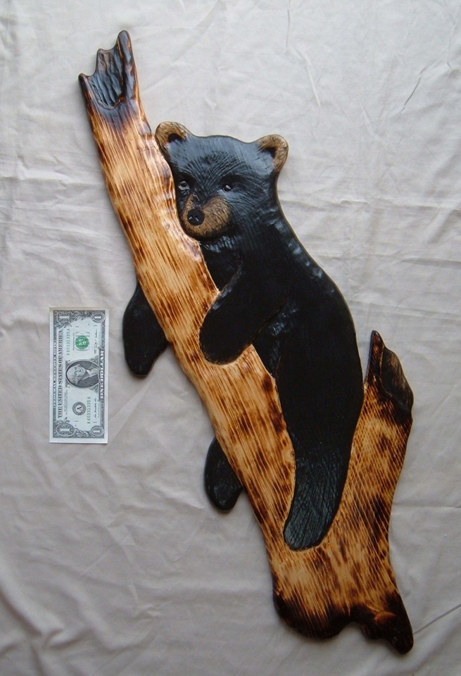 Black Bear Wood Carving Sculpture Home Decor Cub Chainsaw Cabin Wall ...
