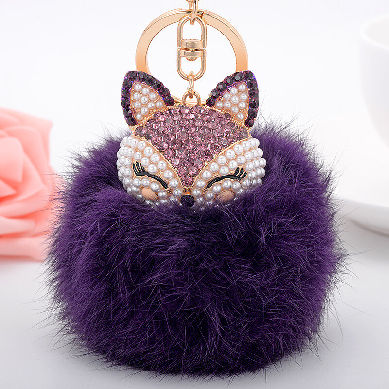 Fox Head Rabbit Fur Ball Key Ring Keychain Women's Crystal Fashion Car ...