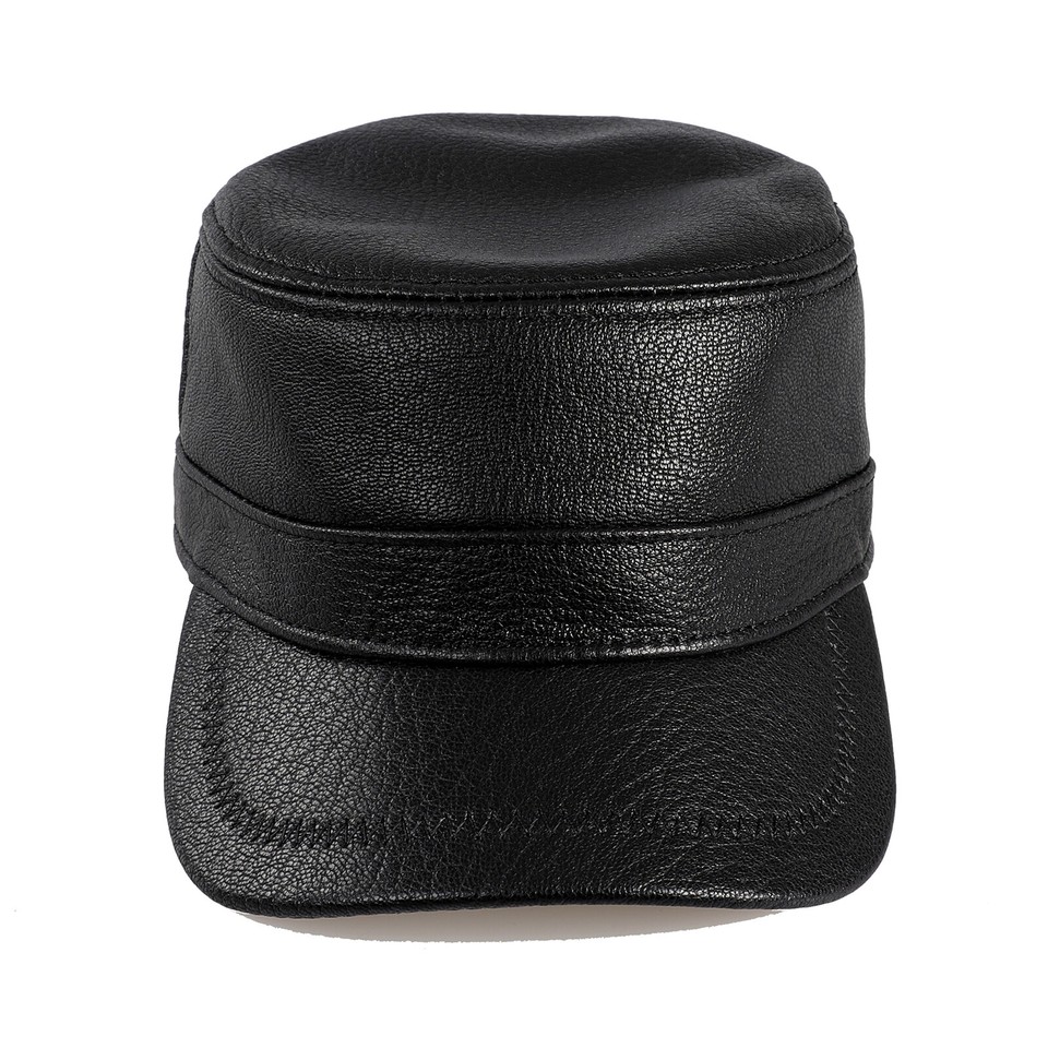 Men's Flat Top Cap Real Sheepskin Leather Military Style Caps Cadet ...