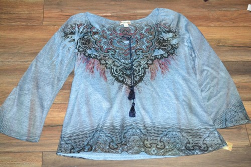 World Unity Top Blouse Accent Embellishments & Tassels Peasant Top Sky ...