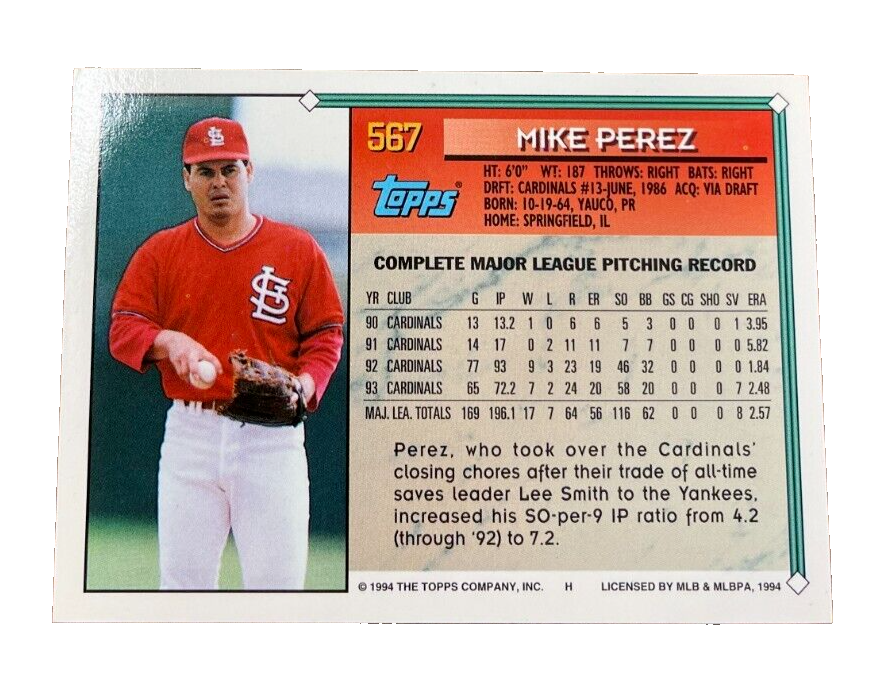 1994 TOPPS Card # 567 Mike Perez - St. Louis Cardinals | eBay