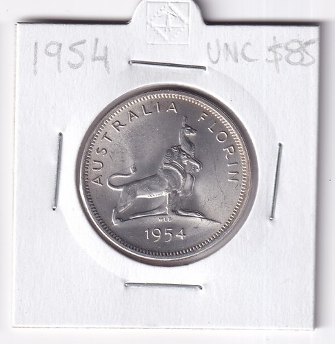 AUSTRALIAN FLORIN: 1954 COMMEMORATIVE SILVER UNC COIN IN 2X2 HOLDER ...