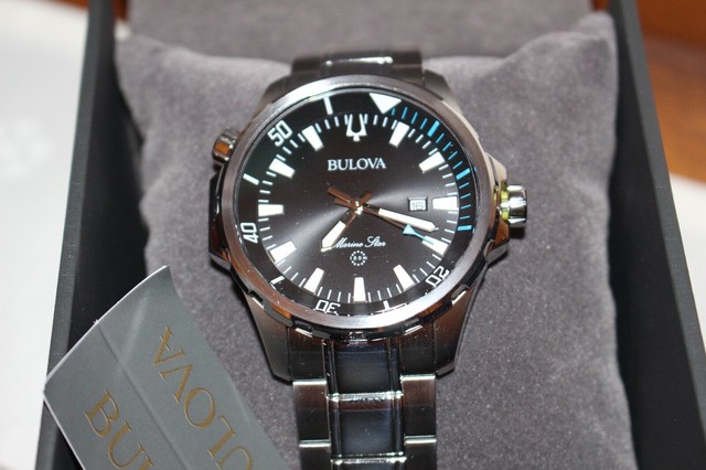 Bulova Marine Star Mens Stainless Steel Black Dial Quartz Watch 96B382 ...