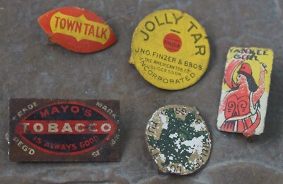 5 Antique Tobacco Tags, Green Turtle, Jolly Tar, Yankee Girl, Mayos ...