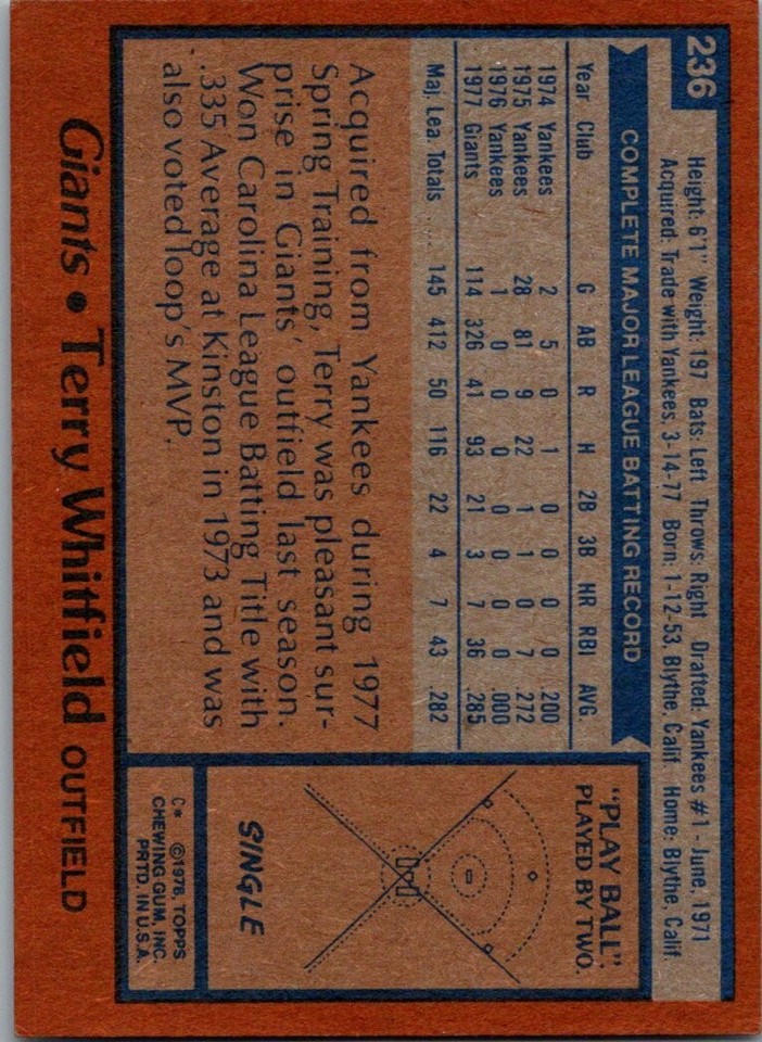 1978 Topps #236 Terry Whitfield | eBay