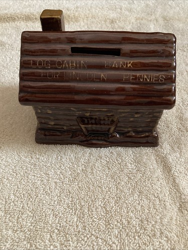 VINTAGE CERAMIC LOG CABIN BANK FOR LINCOLN PENNIES PIGGY BANK BROWN | eBay