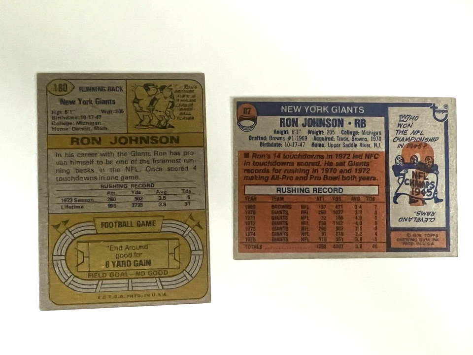 1974 & 1976 Topps Football Card Lot New York Giants Ron Johnson # 180 ...