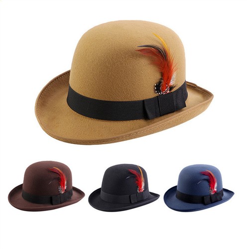 Vintage Classic Wool Felt Top Hat Men Hard Bowler Hat Women Feather ...
