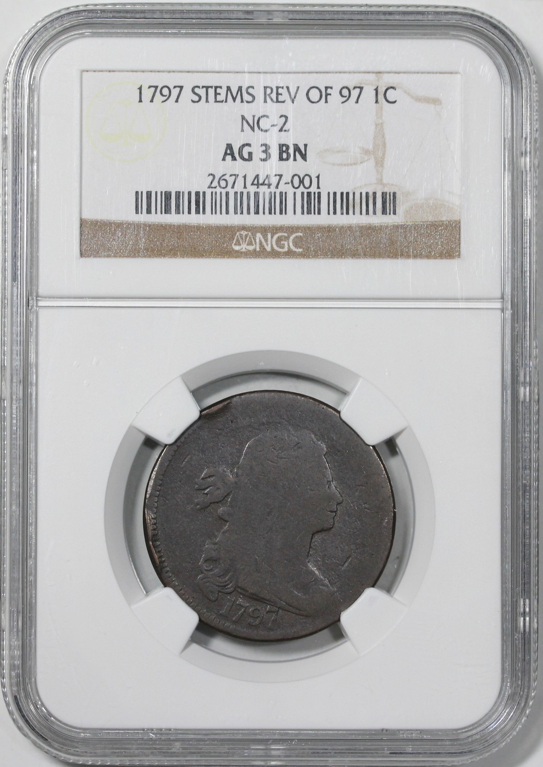 1797 Draped Bust Large Cent, Reverse of 1797, Stems, rare NC-2, R6, NGC ...