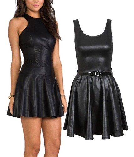 Women Stretch Flared Belt Skater WetLook PVC Dress Ladies Sleeveless ...