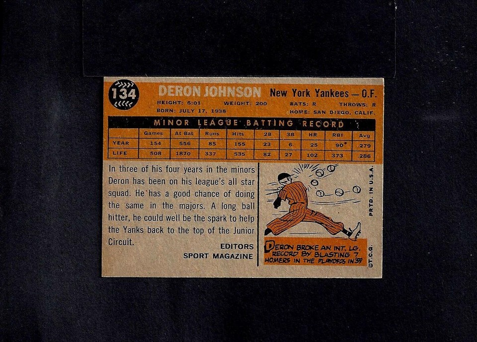 1960 TOPPS SET BREAK #134 DERON JOHNSON-2 (RC)--BV $15--NO CREASES--EX ...