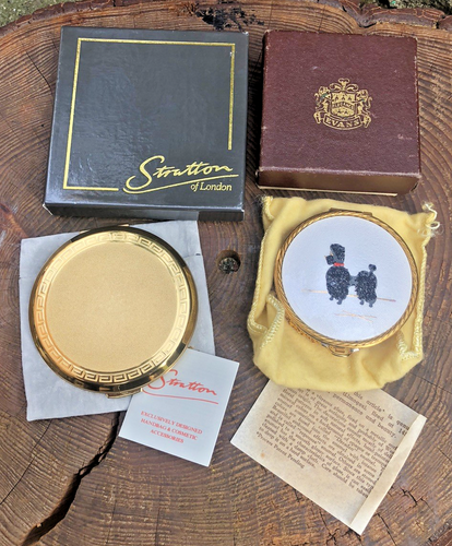 Vintage Powder compact Evans & Stratton enamel poodle pouch box puffer ...