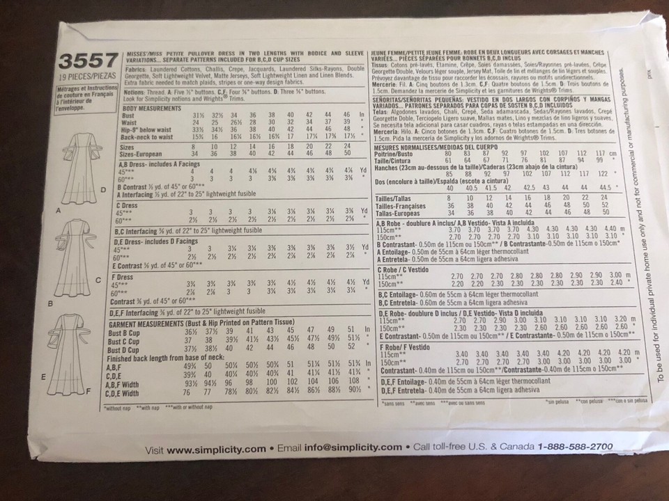🌻 SIMPLICITY #3557 - LADIES EASY DAY or EVENING PULLOVER DRESS PATTERN ...