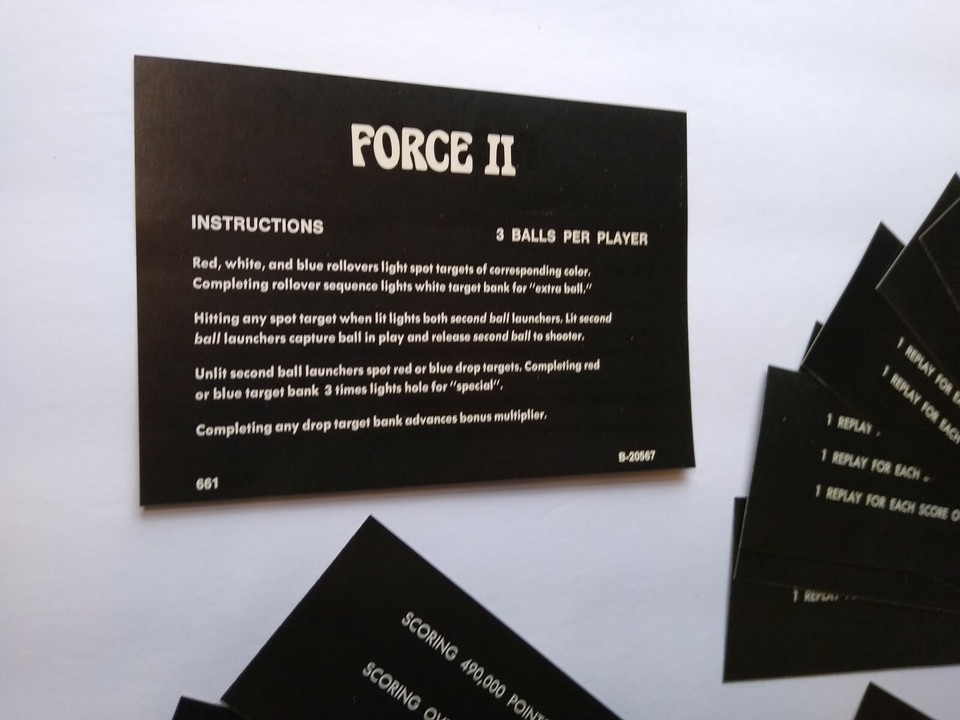 Force II Pinball Machine Score Instruction Card Set Original NOS 1980 ...