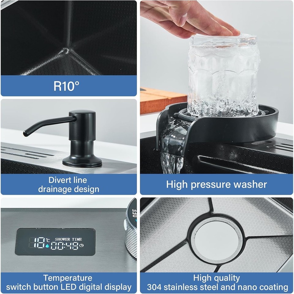 30X18 INCH Two Waterfall Smart Kitchen Sink with Digital Display Pull ...