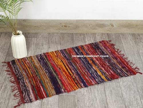 INDIAN 2X3 FEET HANDMADE RAG RUG COTTON CHINDI WOVEN MAROON THROW DARI ...