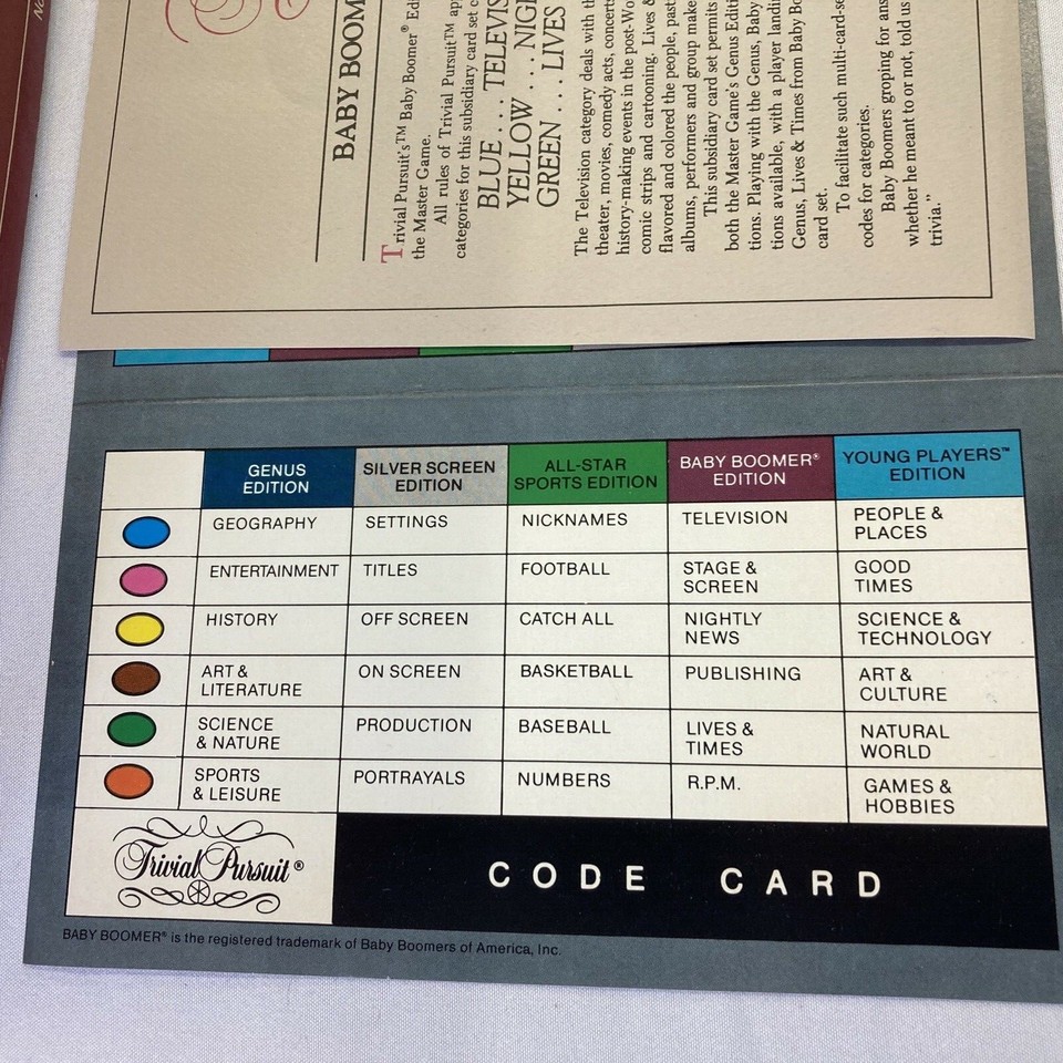 Trivial Pursuit BABY BOOMER Edition Subsidiary Card Set Use w/ Master ...