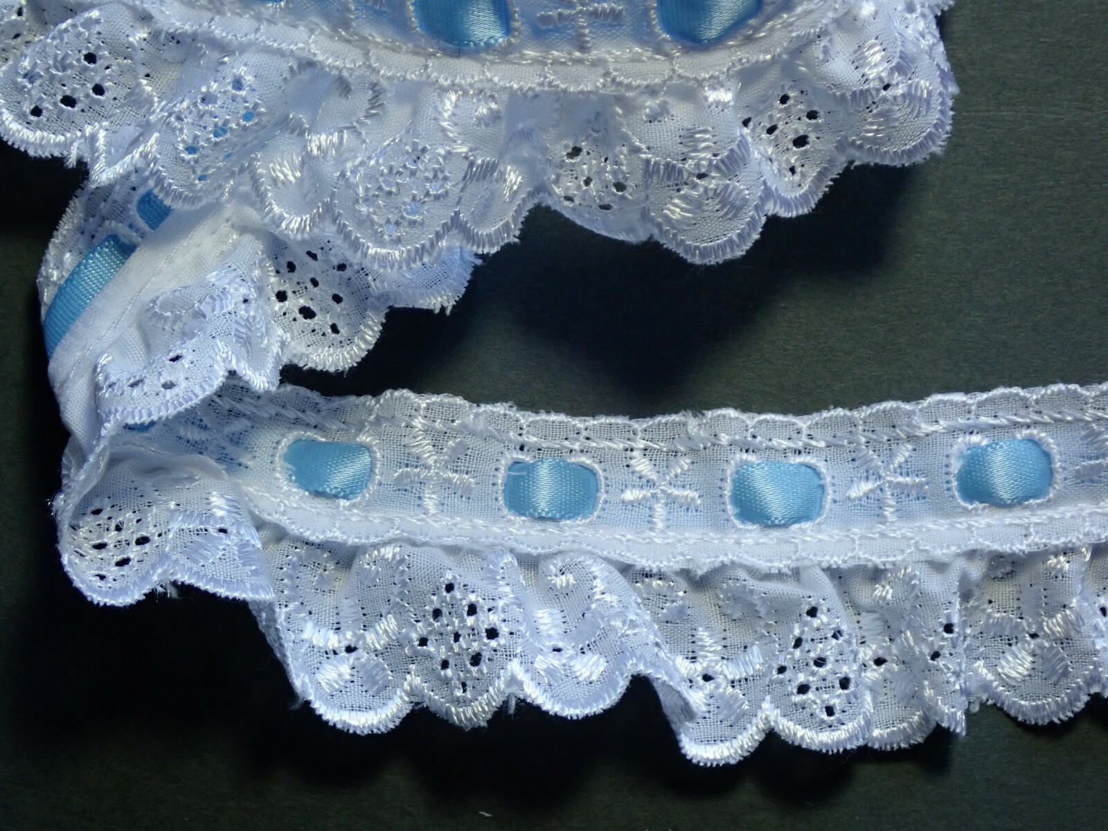 White Gathered Broderie Anglaise Satin Ribbon Slot Lace Trim 1.5"/4cm ...