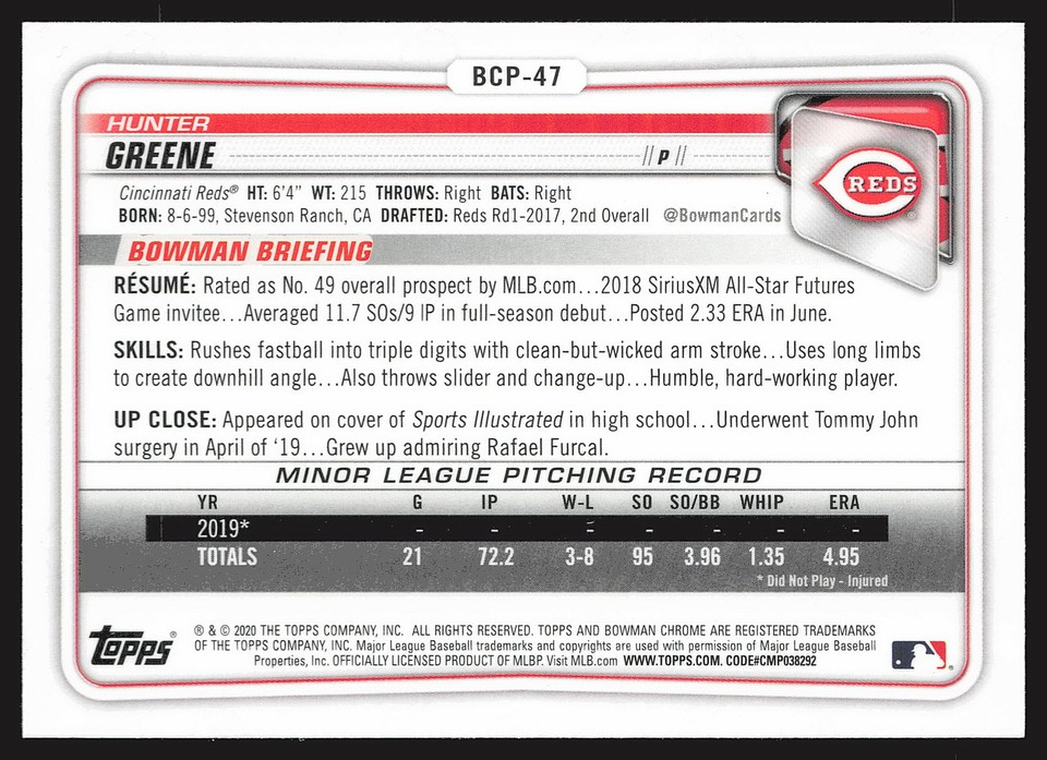 2020 Bowman #BCP-47 Hunter Greene Chrome Prospects | eBay
