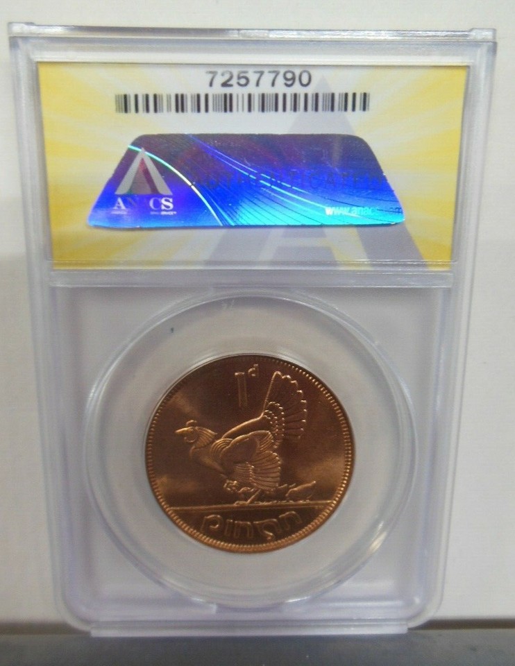 1968 EIRE IRELAND 1P HARP PENNY IRISH HEN W/ CHICKS ANACS MS66 RED KM11 ...