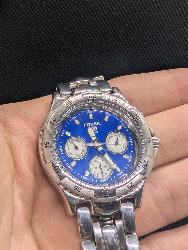 Vintage 90's FOSSIL BLUE Starmaster Mens Watch BQ-9016 Stainless Steel ...