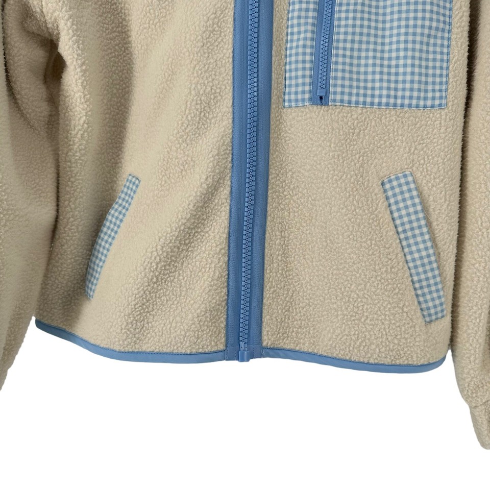 Sandy Liang Target Sherpa Jacket XXS White Full Zip Blue Gingham Pocket ...