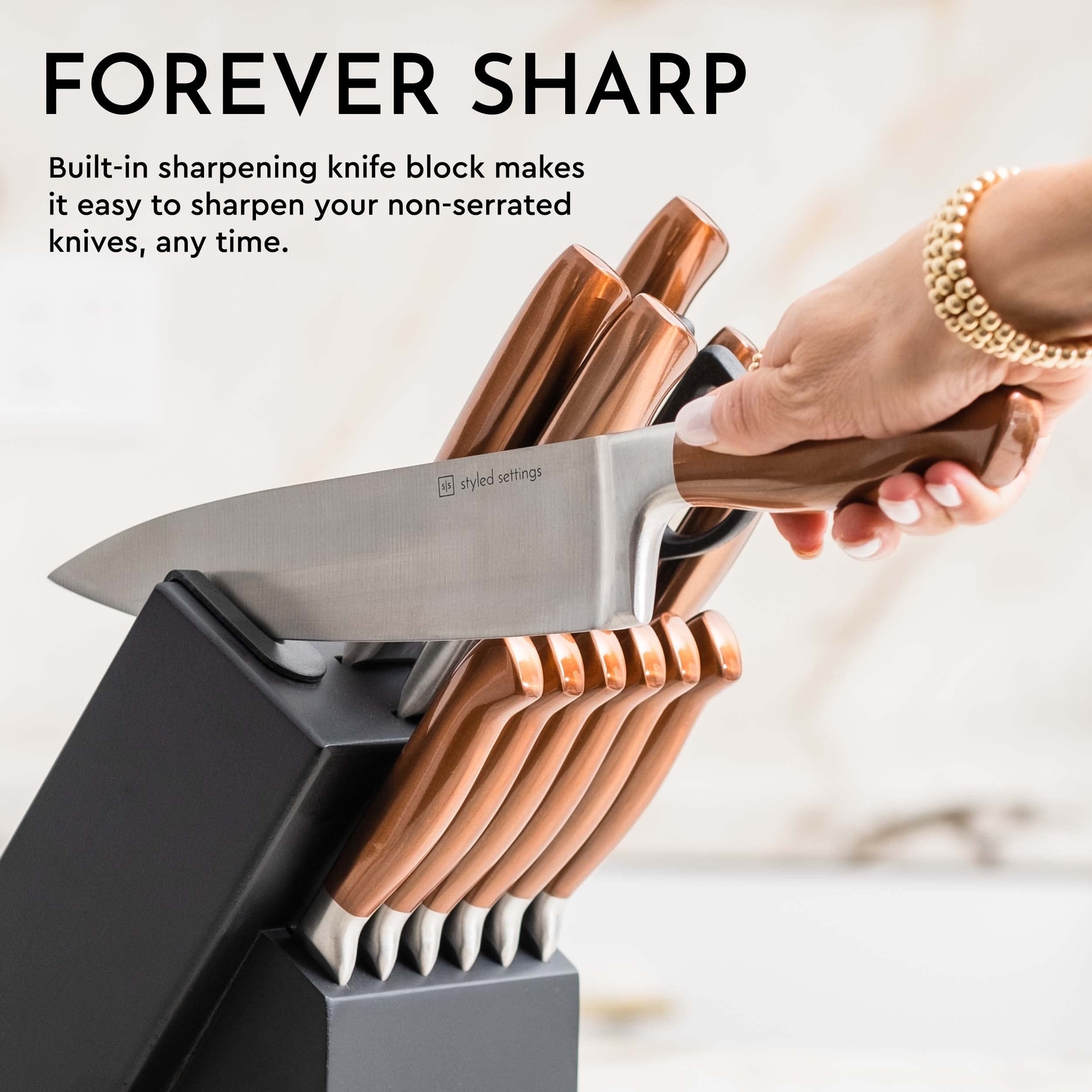 Copper Knife Set with Block - 14 PC Self Sharpening Knife Block Set ...