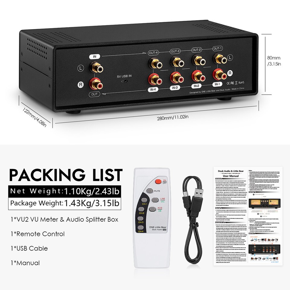 4 Way Analog RCA Audio Selector Splitter Switch DB Panel VU Meter Level ...