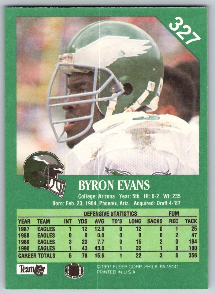 1991 FLEER BYRON EVANS PHILADELPHIA EAGLES #327 | eBay